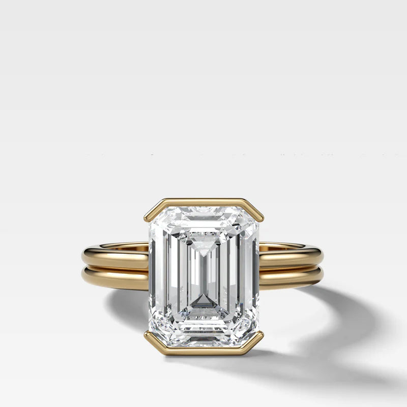 Double Row Half Bezel Solitaire Engagement Ring With Emerald Cut Diamo ...